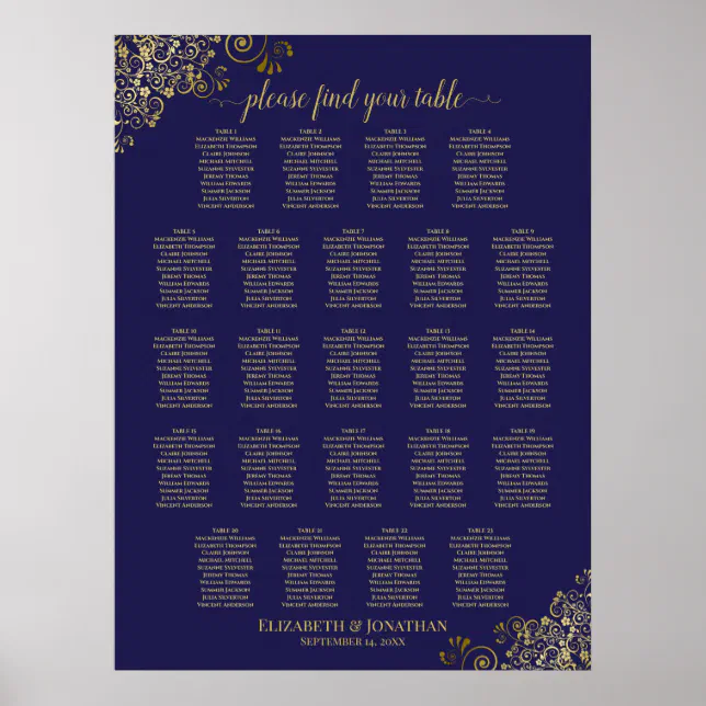 Lacy Gold 23 Table Wedding Seating Chart Navy Blue | Zazzle