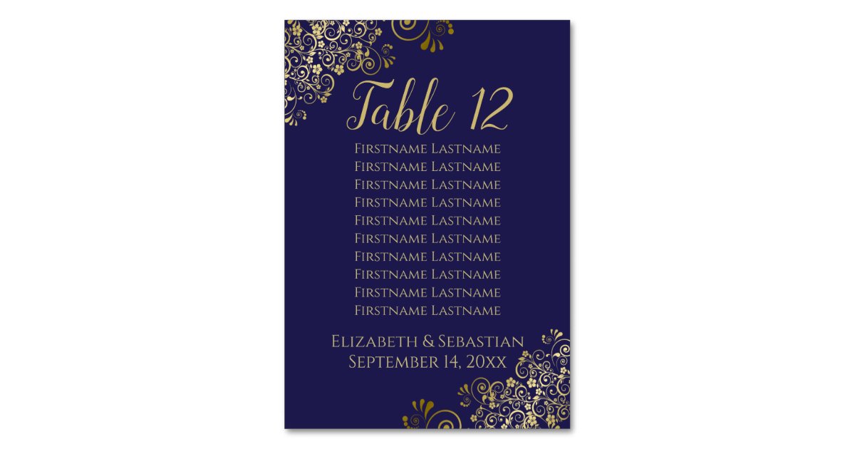 Lacy Gold Elegant Navy Blue Wedding Seating Chart Table Number | Zazzle