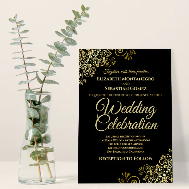 Lacy Gold Filigree on Black Simple Elegant Wedding Invitation | Zazzle