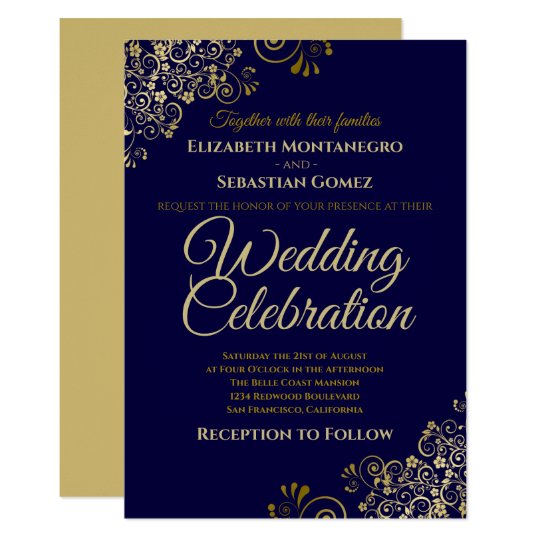 Lacy Gold Filigree on Navy Simple Elegant Wedding Invitation | Zazzle.com