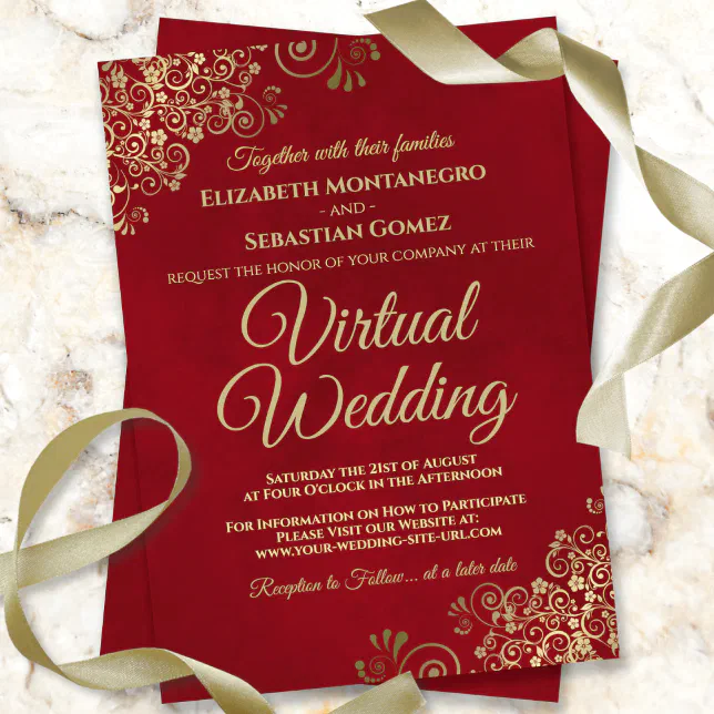 Lacy Gold Frills on Red Elegant Virtual Wedding Invitation | Zazzle