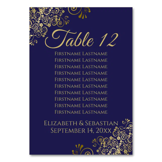 Lacy Gold Navy Blue Elegant Wedding Seating Chart Table Number | Zazzle