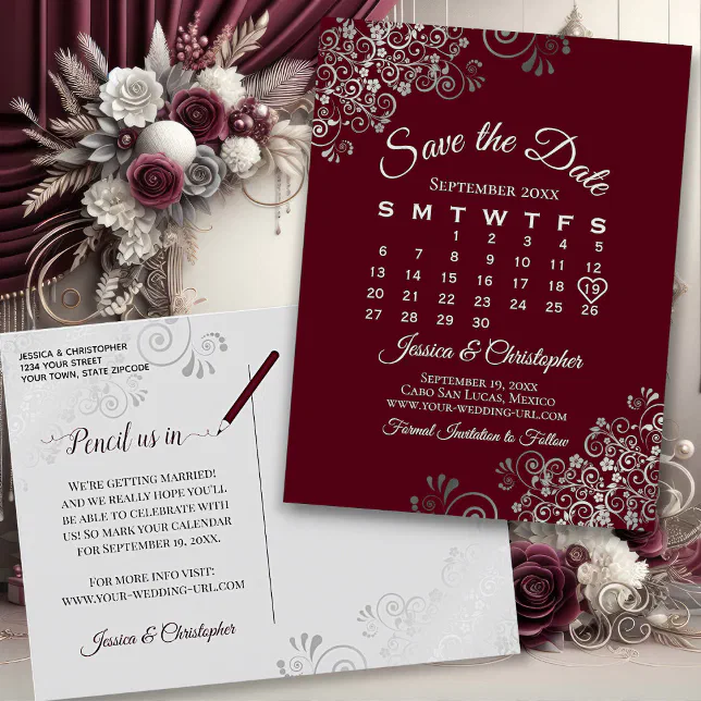 Lacy Gray Burgundy Wedding Save the Date Calendar Announcement Postcard ...