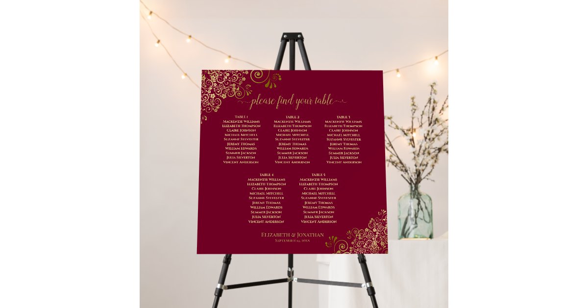 Lacy Ornate Burgundy & Gold 5 Table Seating Chart Foam Board | Zazzle