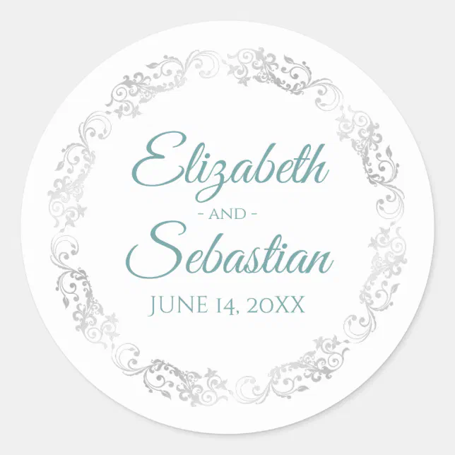 Lacy Silver Border Elegant Teal & White Wedding Classic Round Sticker ...