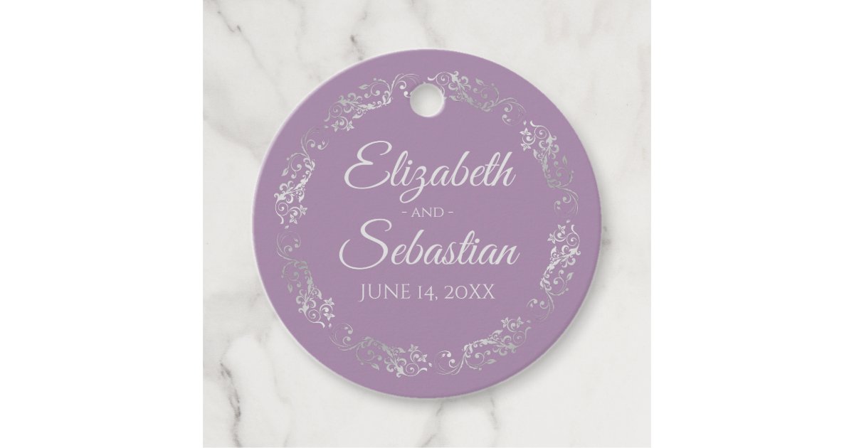 Lacy Silver Frilly Border Elegant Lavender Wedding Favor Tags | Zazzle
