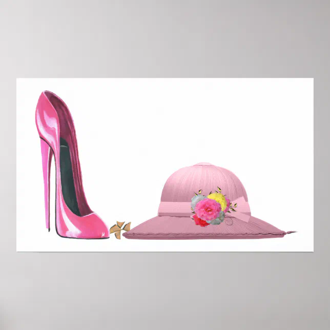 Ladies Day! Pink Stiletto Shoe and Hat Art Poster | Zazzle