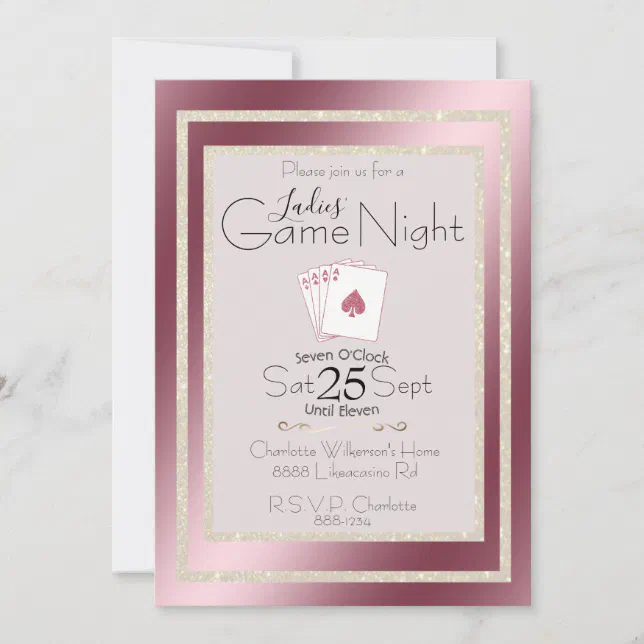 Ladies' Game Night Gold Glitter Pink Aces Invitation | Zazzle
