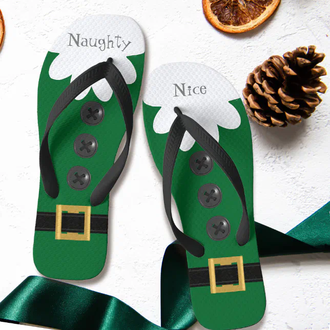 Ladies Green Naughty Christmas Elf Suit Festive Flip Flops | Zazzle