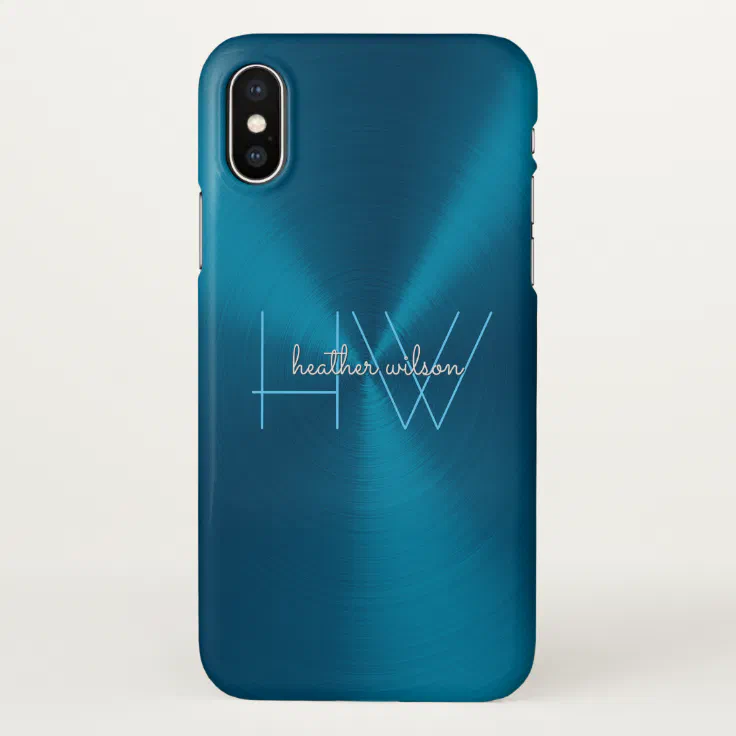 Ladies Modern Minimalist Monogram Metallic Blue iPhone Case | Zazzle