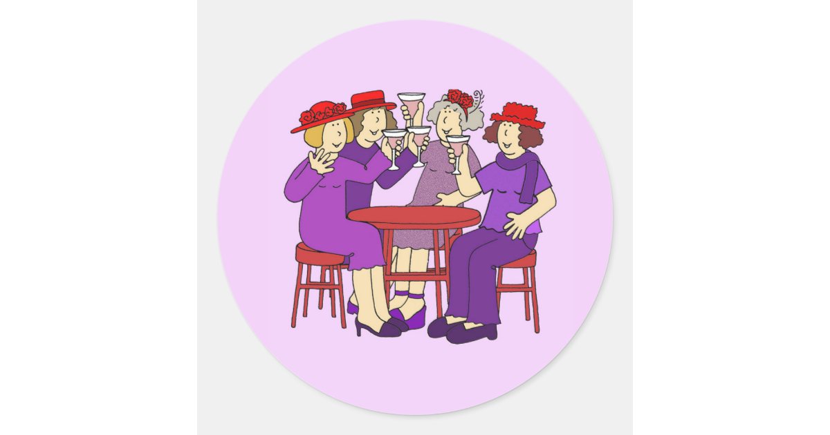 Ladies Wearing Red Hats and Purple Outfits Classic Round Sticker | Zazzle