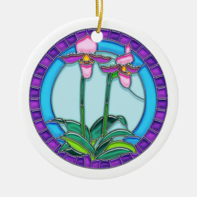 Lady Slipper Orchids in Circular Stained Glass Ceramic Ornament | Zazzle