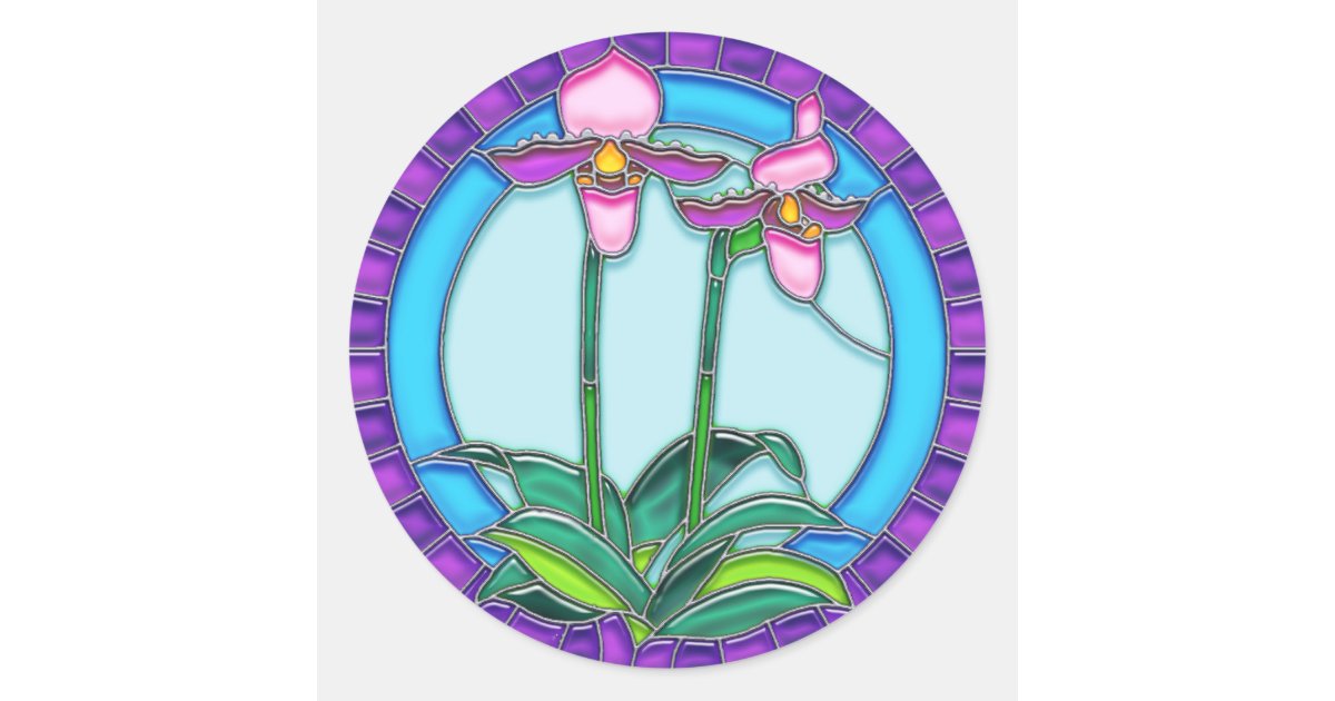 Lady Slipper Orchids in Circular Stained Glass Classic Round Sticker ...