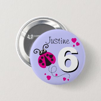 Ladybug girls 6th birthday name pink purple button | Zazzle