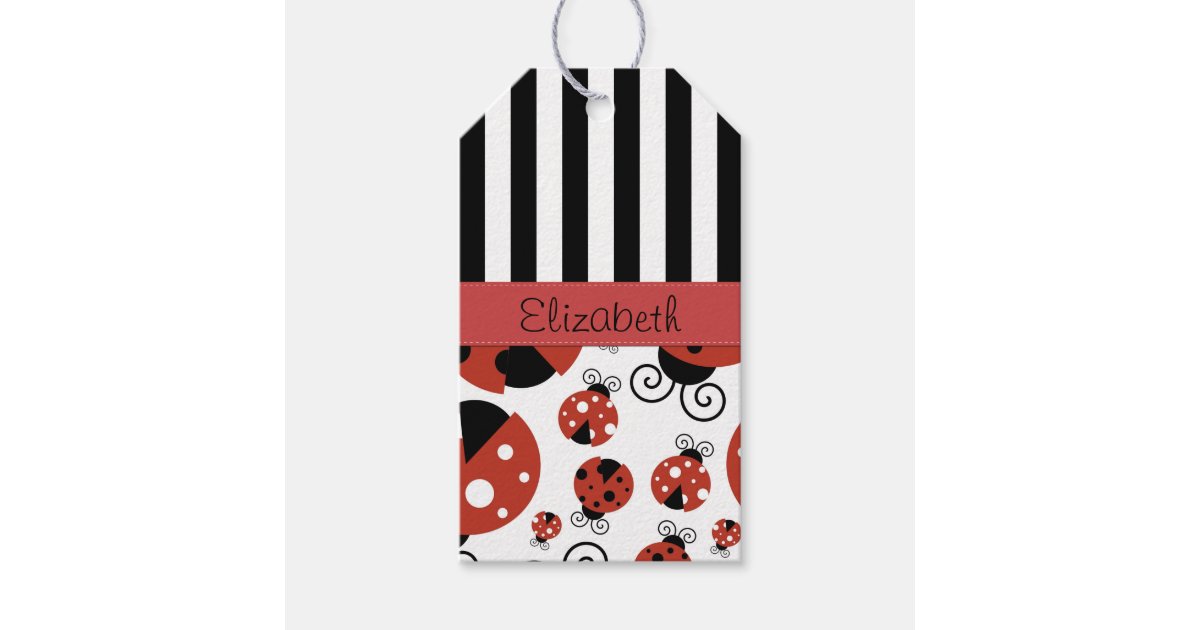 Ladybug Pattern, Red Ladybugs, Stripes, Your Name Gift Tags | Zazzle