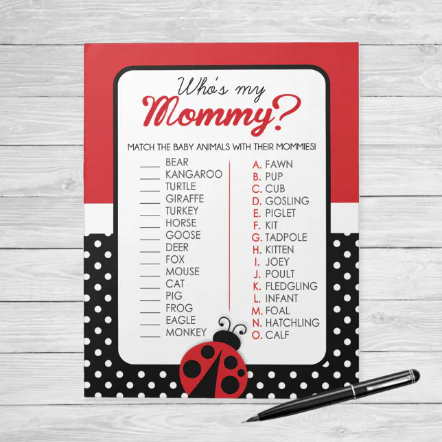 Ladybug Who's My Mommy Baby Animal Shower Game Notepad | Zazzle