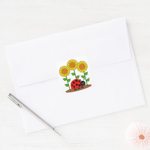 Ladybug with Sunflowers Square Sticker | Zazzle