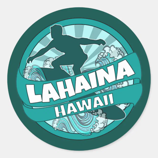 Lahaina Hawaii teal surfer logo stickers | Zazzle