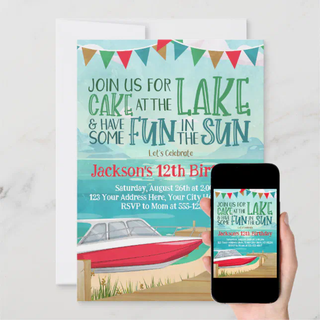 Lake Birthday Invitation Speed Boat Lake Fishing | Zazzle