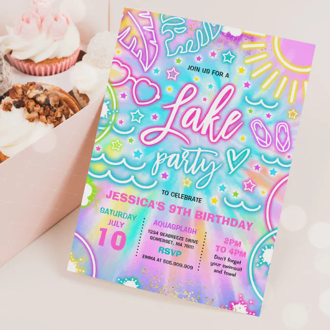 Lake Birthday Party Slide Splash Pad Tie Dye Glow Invitation | Zazzle