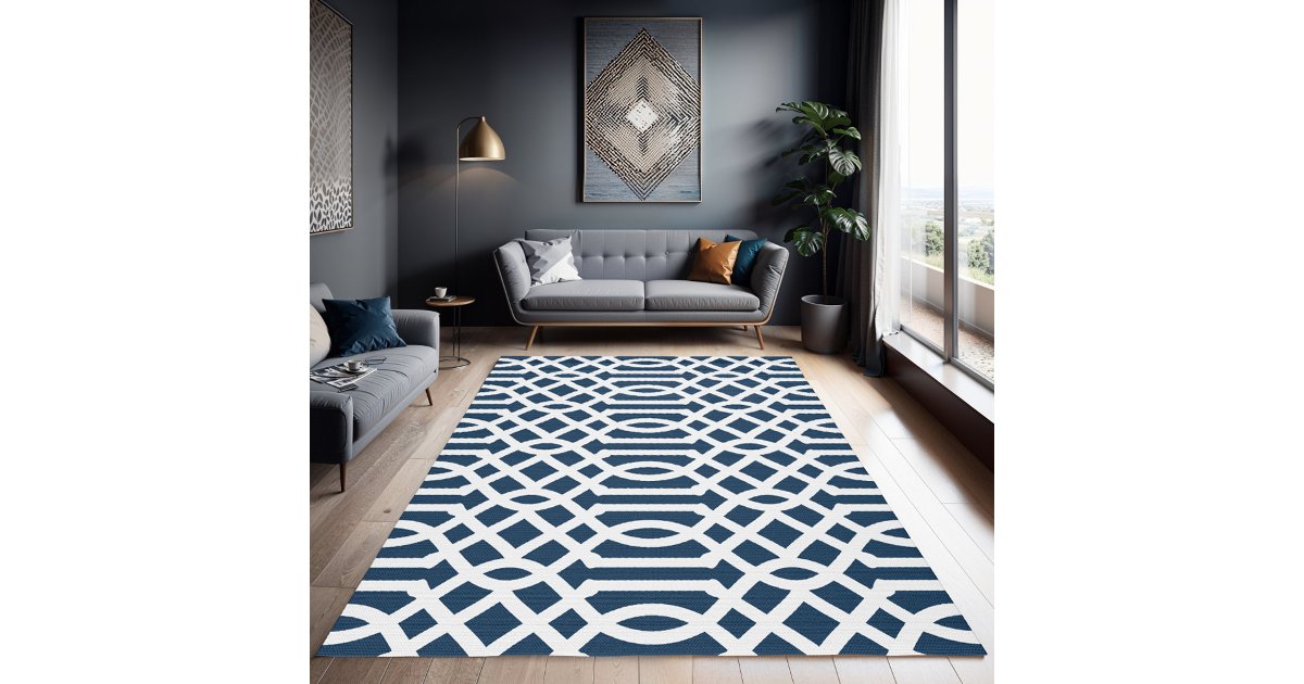 Lake Blue and White Trellis Pattern Rug | Zazzle