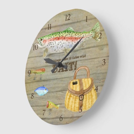 Lake Cabin Trout Fishing Creel Lures Vintage Large Clock | Zazzle