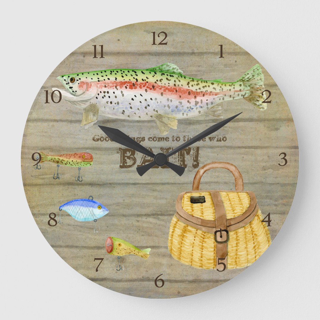 Lake Cabin Trout Fishing Creel Lures Vintage Large Clock | Zazzle