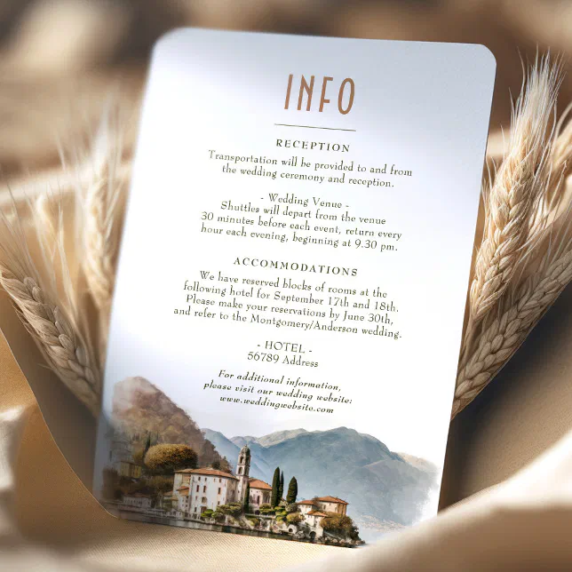 Lake Como Italy Destination Insert INFO Details Invitation | Zazzle