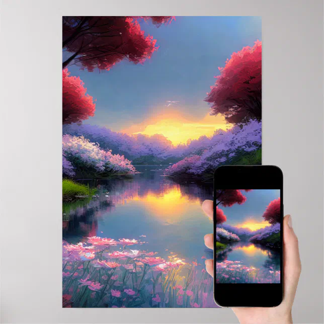 Lake Embraced by Sakura Trees Poster | Zazzle
