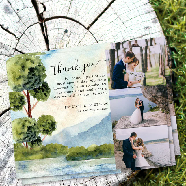 Lake Evergreen 3 Photo Watercolor Wedding Thank You Card | Zazzle