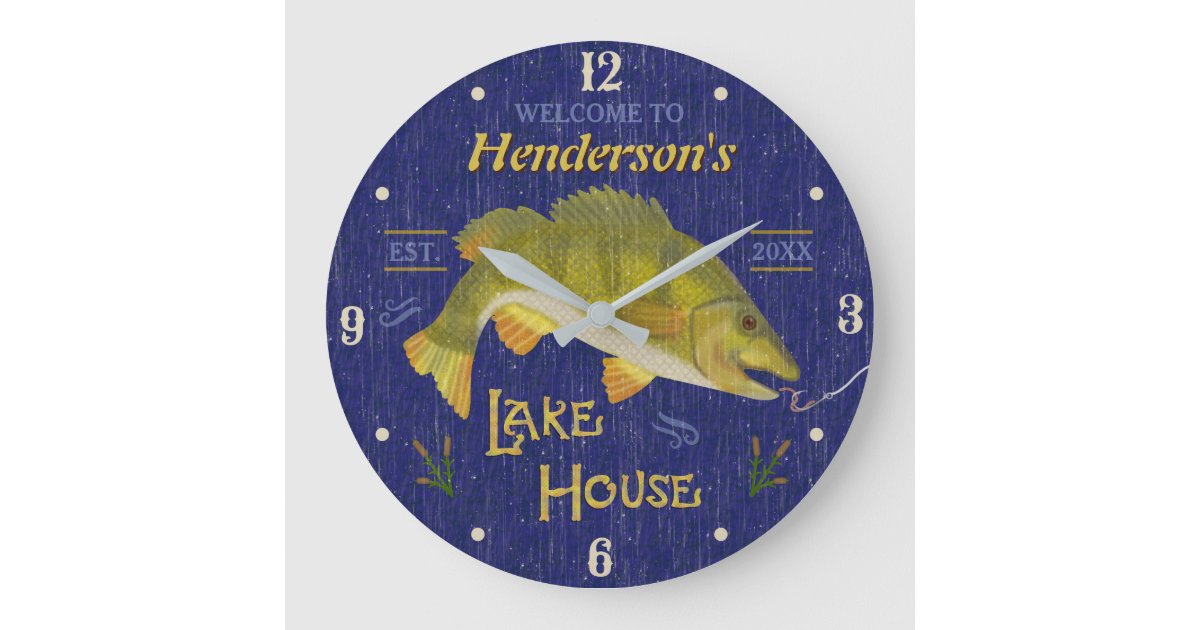 Lake House Rustic Nautical Bass Fish | Custom Name Large Clock | Zazzle