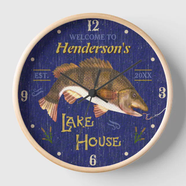 Lake House Rustic Nautical Bass Fish | Name Brown Clock | Zazzle
