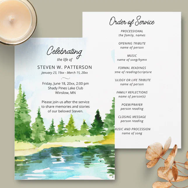 Lake Pine Trees, Funeral Memorial Program | Zazzle