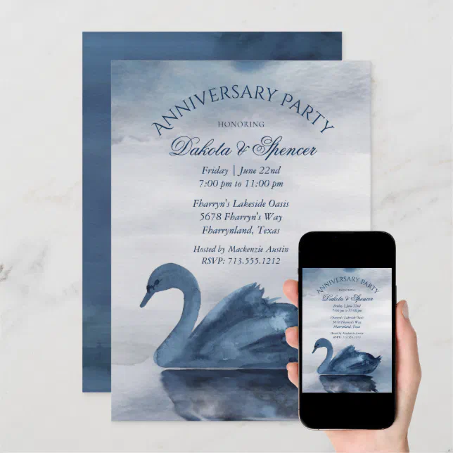 Lake Reflections | Blue Swan Anniversary Party Invitation | Zazzle