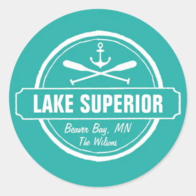 Lake Superior, custom town, name, anchor, paddles Classic Round Sticker ...