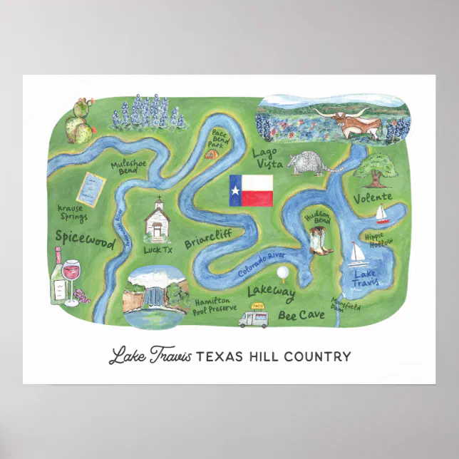 Lake Travis Texas Hill Country Illustrated Map Poster | Zazzle