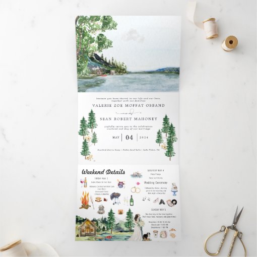 Lakeside Campground Resort | Illustrated Wedding Tri-Fold Invitation | Zazzle