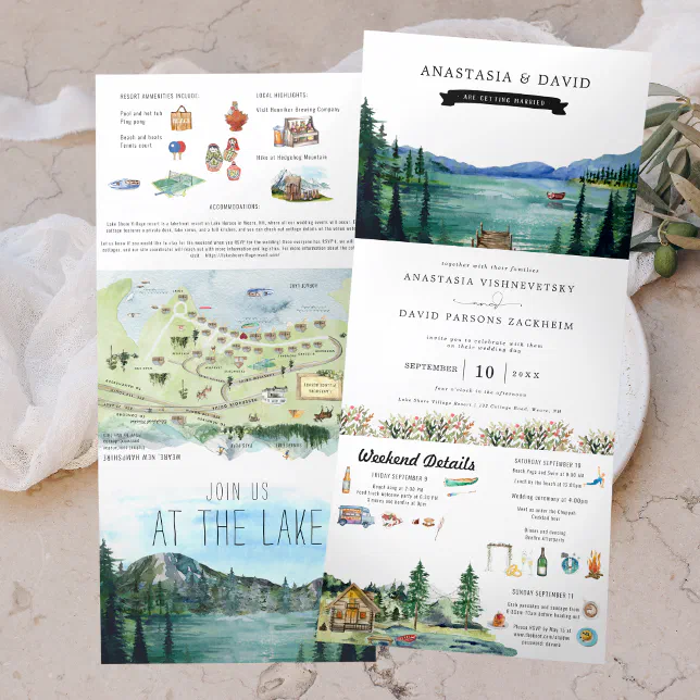 Lakeside Campground Resort | Illustrated Wedding Tri-Fold Invitation | Zazzle