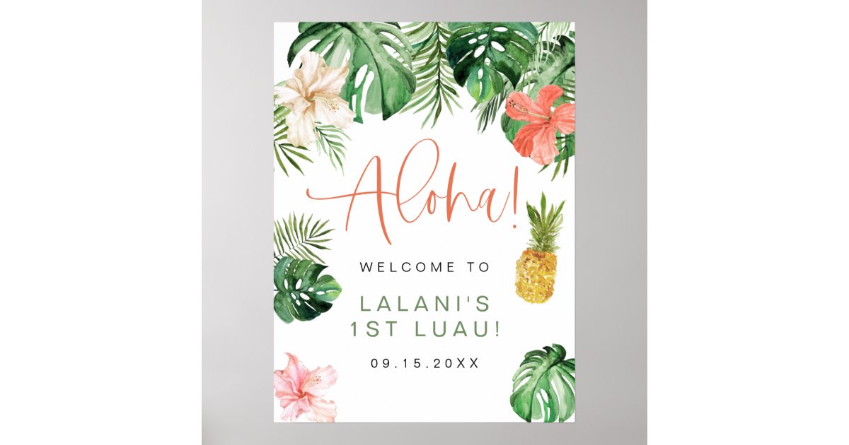 LALANI Tropical Pink Hibiscus Luau 1st Birthday Poster | Zazzle