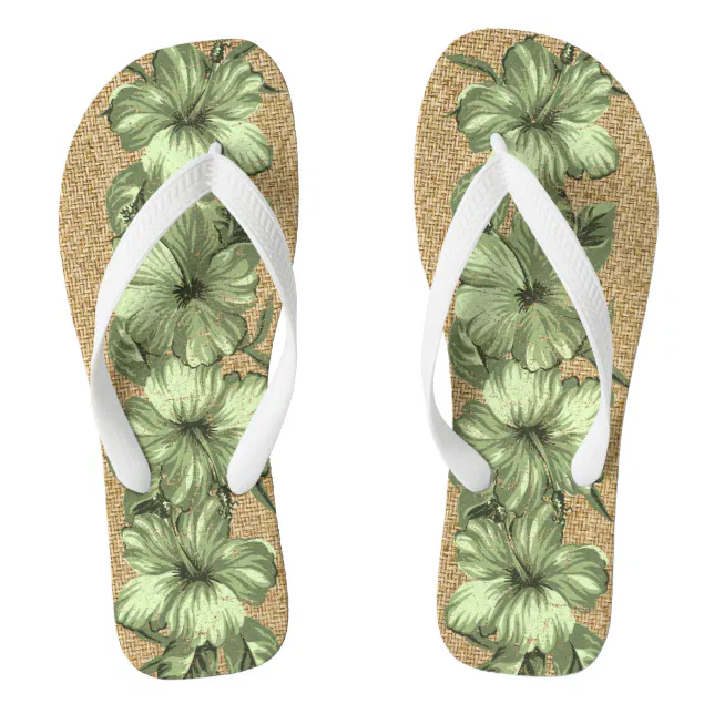 Lanai Distressed Hawaiian Hibiscus - Green Flip Flops | Zazzle