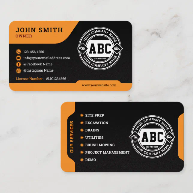 Land clearing, Construction, Excavating, Black Business Card | Zazzle