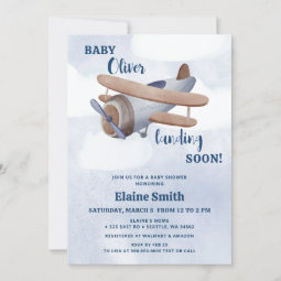 Landing Soon Blue Boy Airplane Baby Shower Invitation | Zazzle