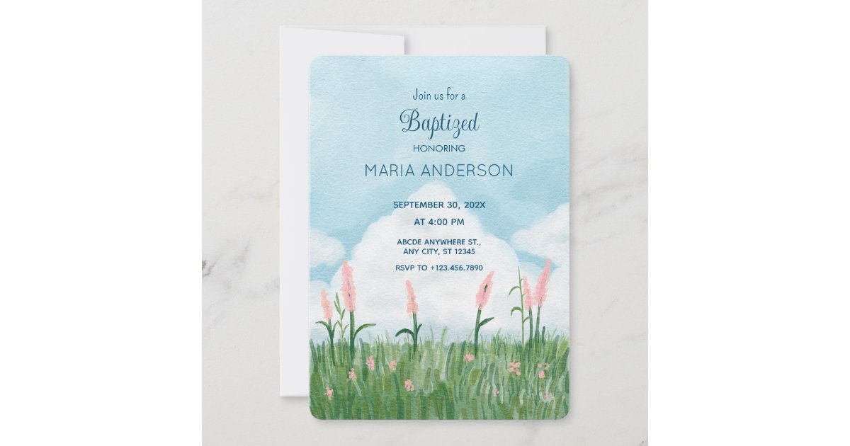 Landscape green field blue sky Baptized Invitation | Zazzle