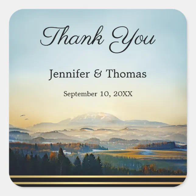 Landscape Painting Mountain Wedding Thank You Square Sticker | Zazzle