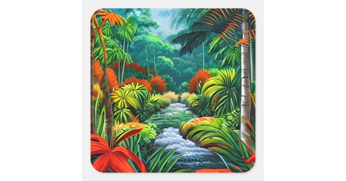 Landscape Portrait of a Jungle Square Sticker | Zazzle
