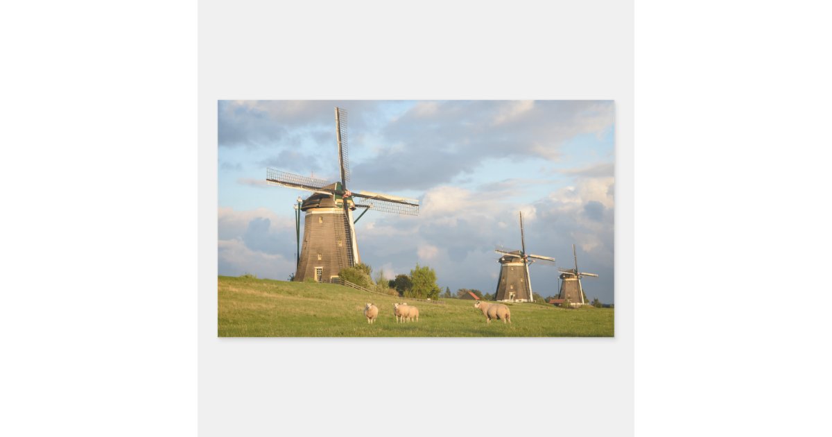 Landscape with windmills and sheep rectangular sticker | Zazzle