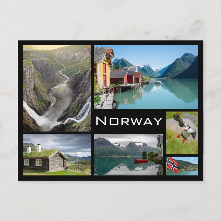 Landscapes in Norway black collage postcard | Zazzle