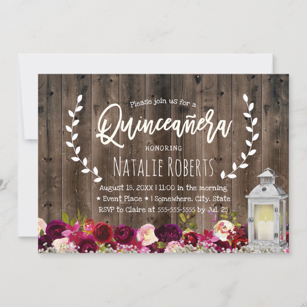 Lantern Rustic Burgundy Floral Quinceanera 15 Invitation | Zazzle