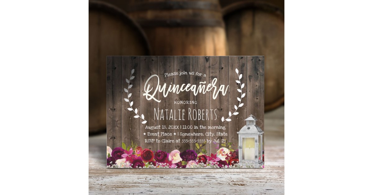 Lantern Rustic Burgundy Floral Quinceanera 15 Invitation | Zazzle