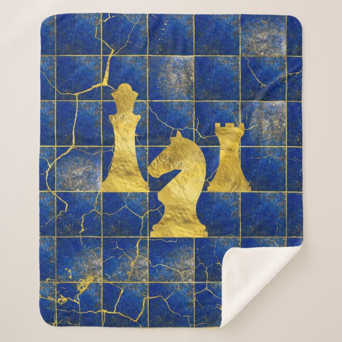 Lapis Lazuli Chessboard and Gold Chess Pieces Sherpa Blanket | Zazzle.com